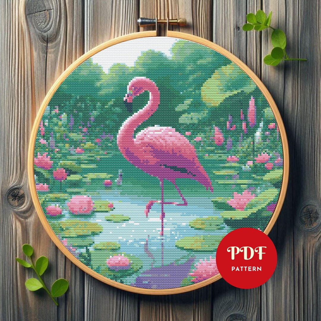 Flamingo Cross Stitch Pattern, Water Lily Pond Embroidery Design, Pink ...