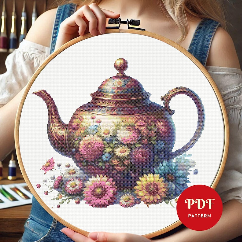 Teapot Cross Stitch Pattern, Flower Embroidery Stitch Pattern, Teapot ...