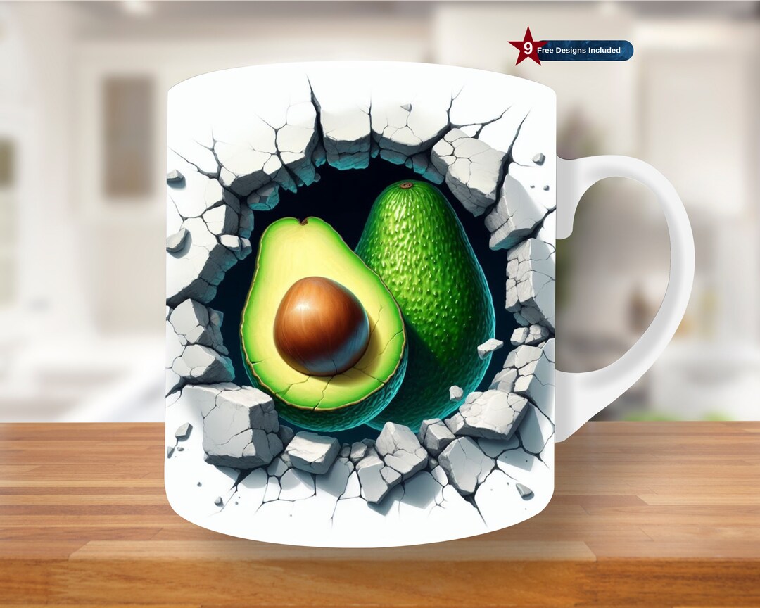 3D Avocado Hole in A Wall Mug Wrap, 11oz & 15oz Mug Template,fruit Mug ...