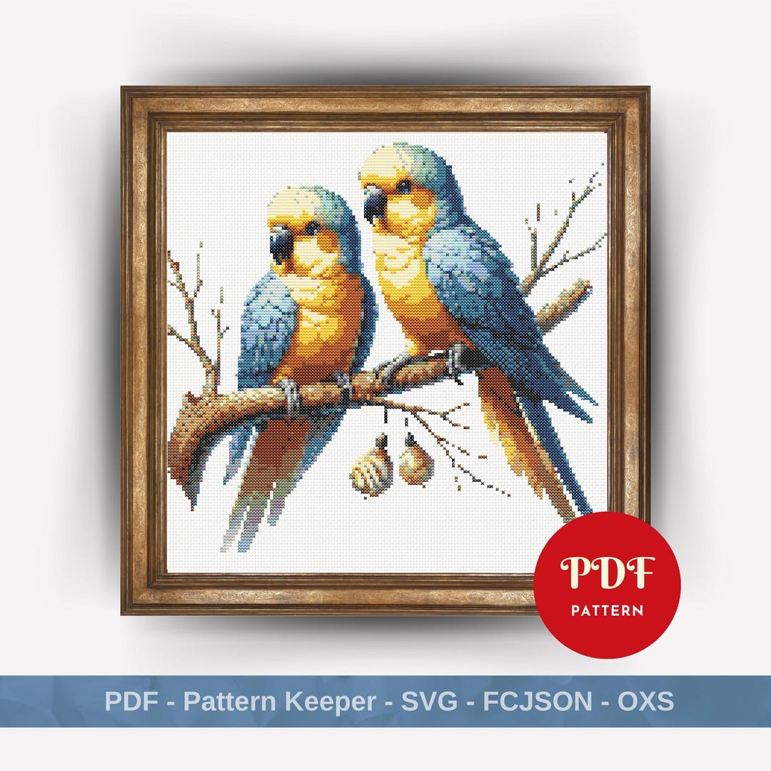 Parrots on Branch Cross Stitch Pattern, Bird Embroidery Pattern, Parrot ...