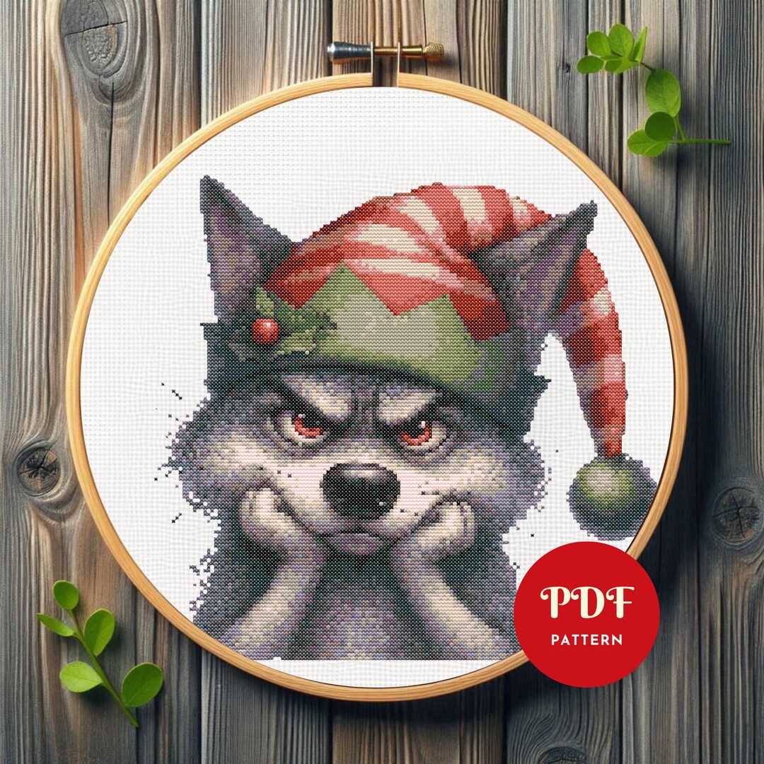 Grumpy Christmas Wolf Cross Stitch Pattern, Animal Embroidery Design ...