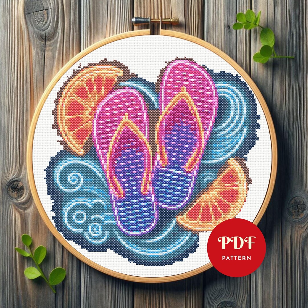 Neon Flip Flops Pattern, Summer Embroidery Pattern, Beach Embroidery ...