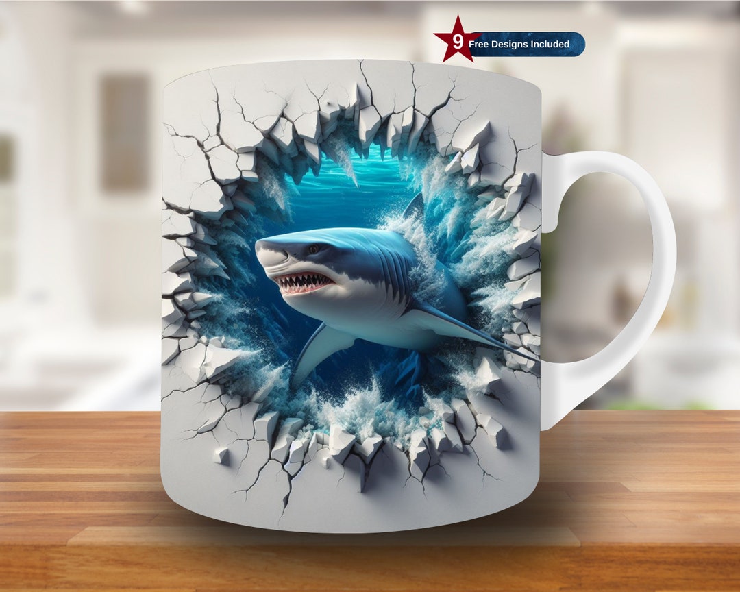 3D Shark Crack in A Wall Mug Wrap, 11oz & 15oz Mug Template, Mug ...