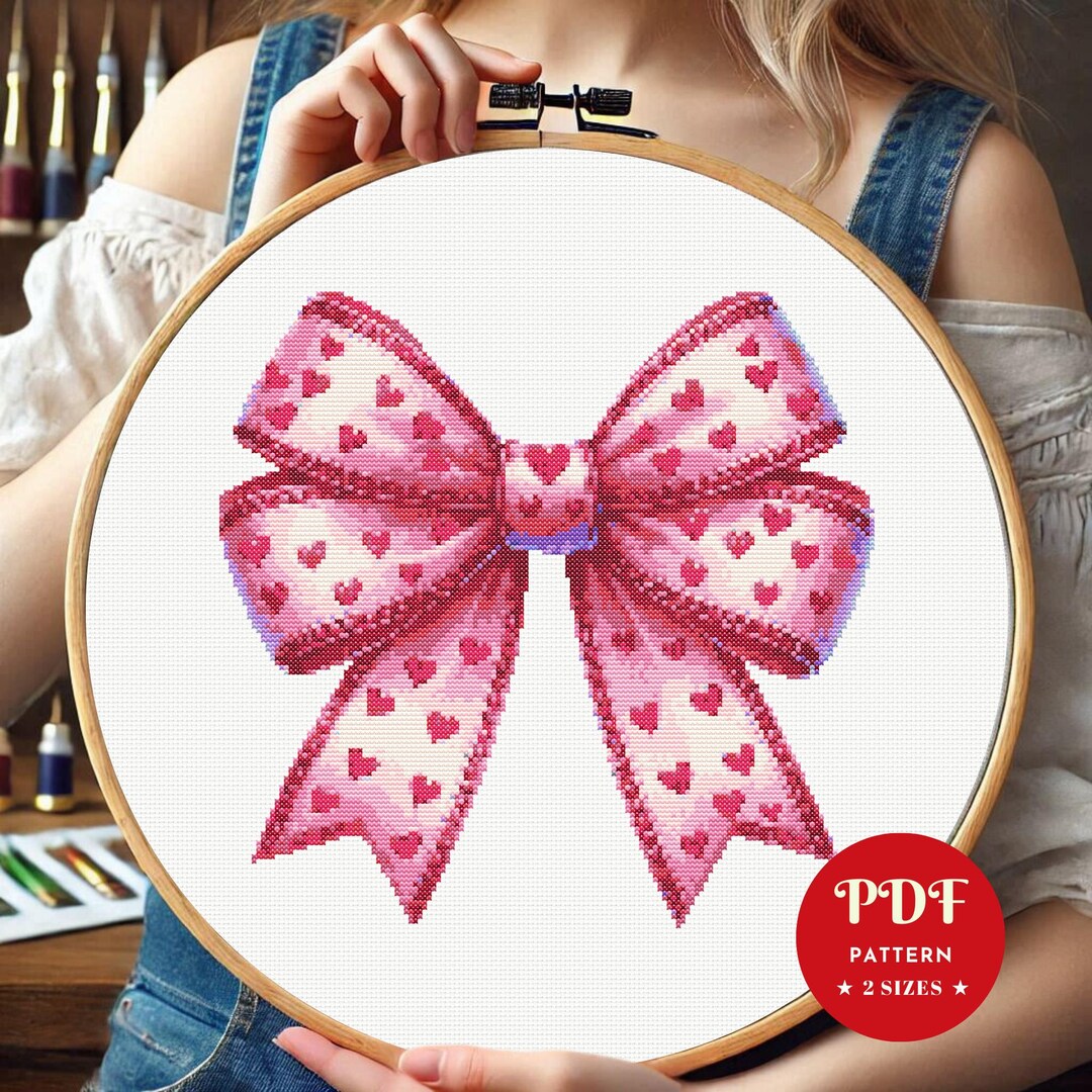 Pink Bow Cross Stitch Pattern, Valentine Embroidery Stitch Pattern ...