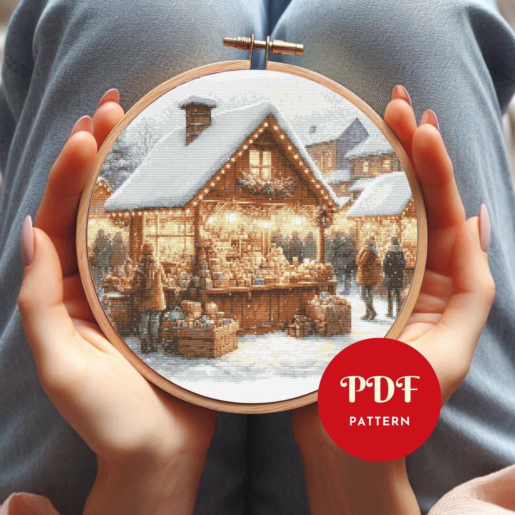 Christmas Market Cross Stitch Pattern, Holiday Winter Embroidery Design ...