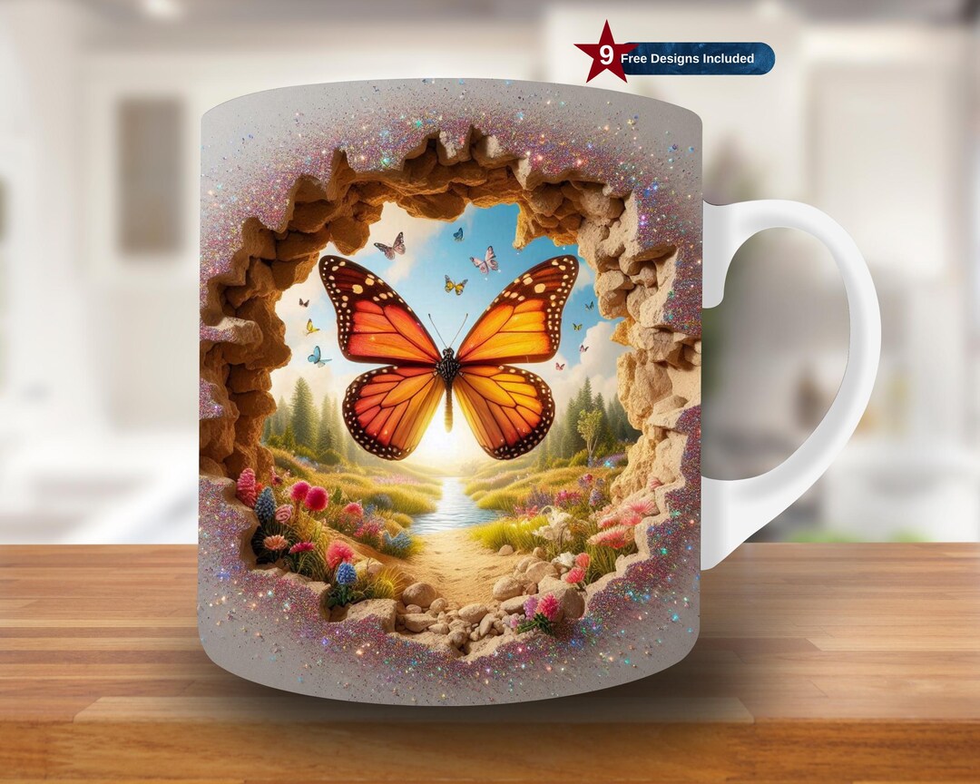 3D Orange Blue Butterfly Hole in A Wall Mug Wrap, 11oz & 15oz Mug ...