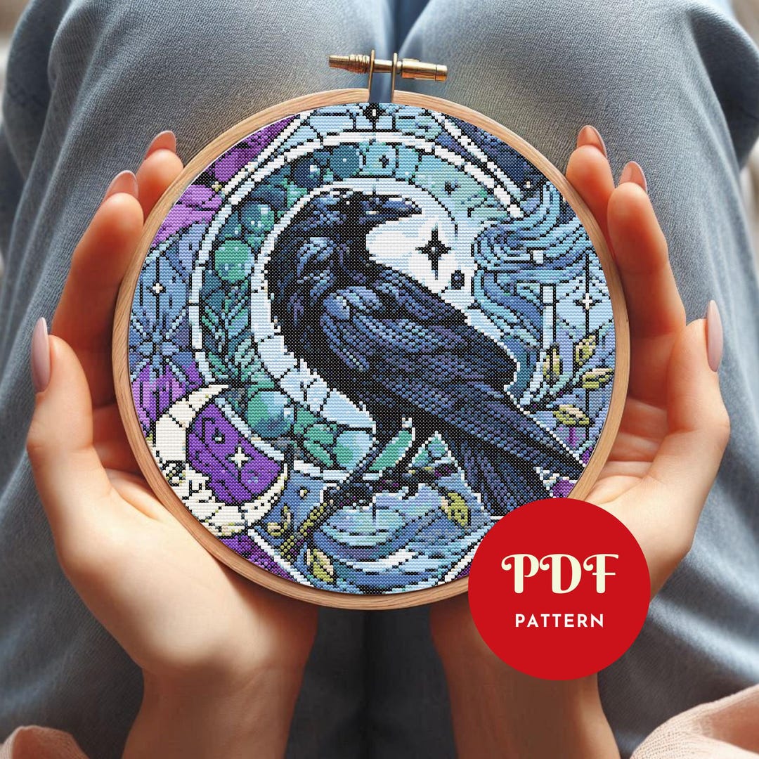 Raven Cross Stitch Pattern, Gothic Bird Embroidery Design,stained Glass ...