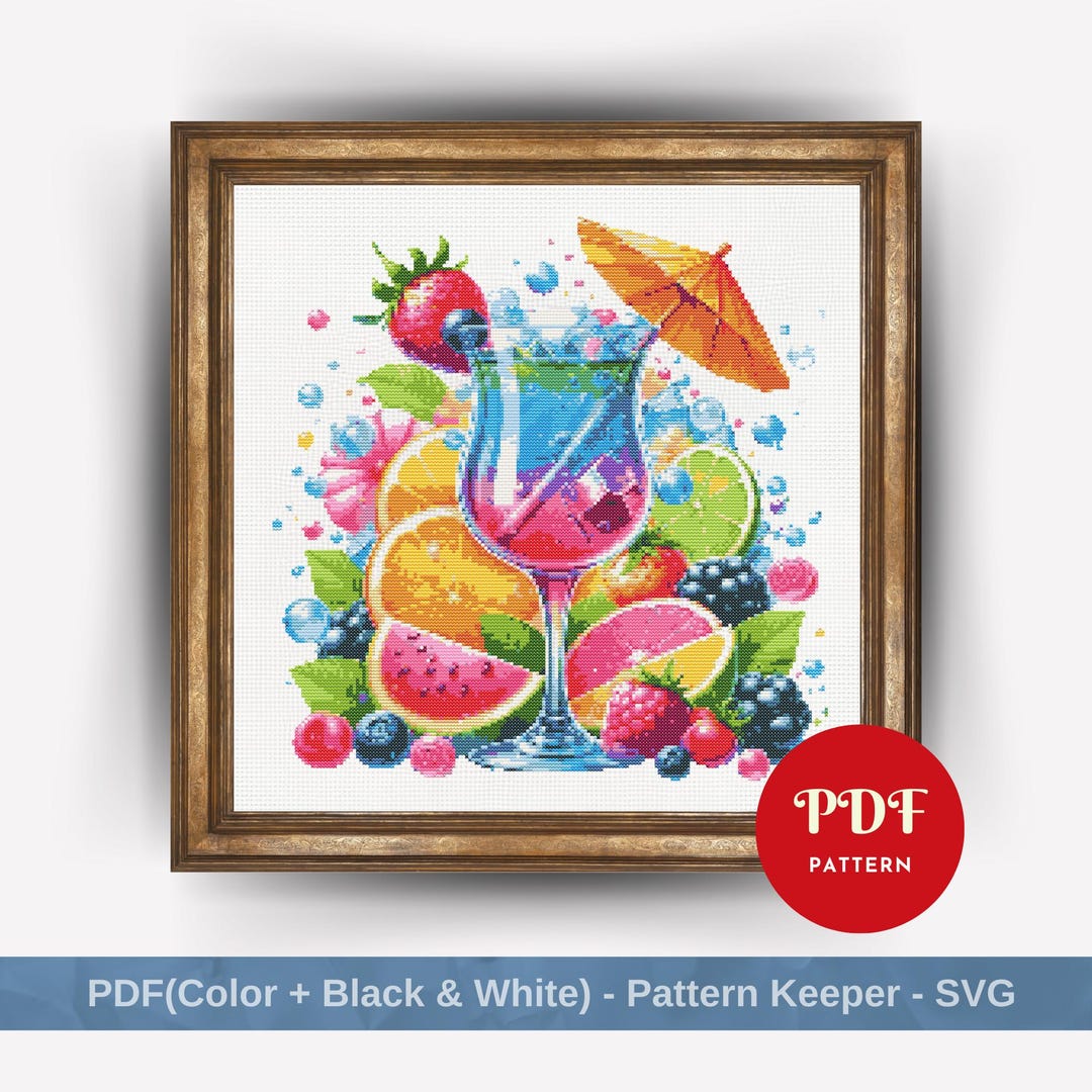 Cocktail Cross Stitch Pattern, Summer Embroidery Design, Beach ...