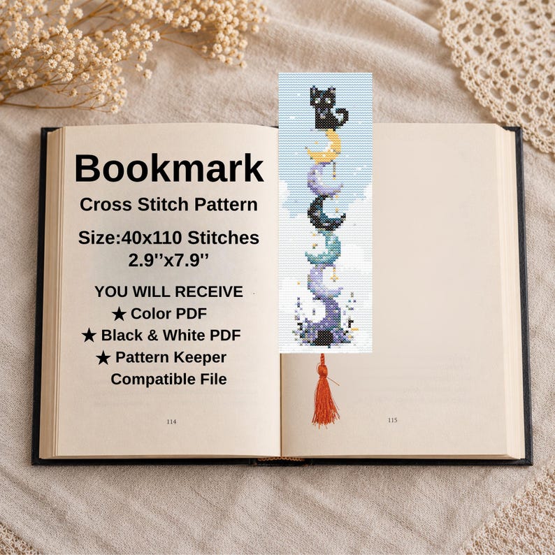 Black Cat Moon Bookmark Cross Stitch Pattern PDF, Celestial (pattern ...