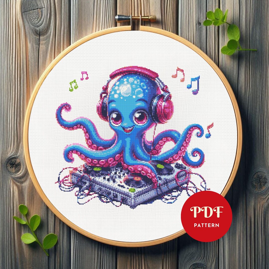 DJ Octopus Cross Stitch Pattern, Sea Animal Embroidery Design, Music ...