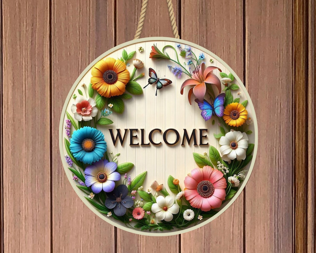 Floral Welcome Sign PNG, Colorful Flower Round Door Hanger, Rustic ...
