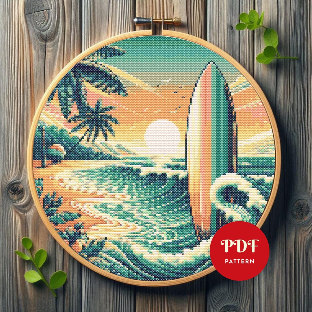 Surfboard Beach Cross Stitch Pattern, Tropical Embroidery Design, Ocean ...