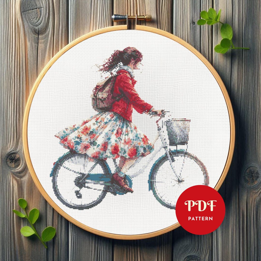 Girl Riding Bike Cross Stitch Pattern, Female Embroidery Design, Woman ...