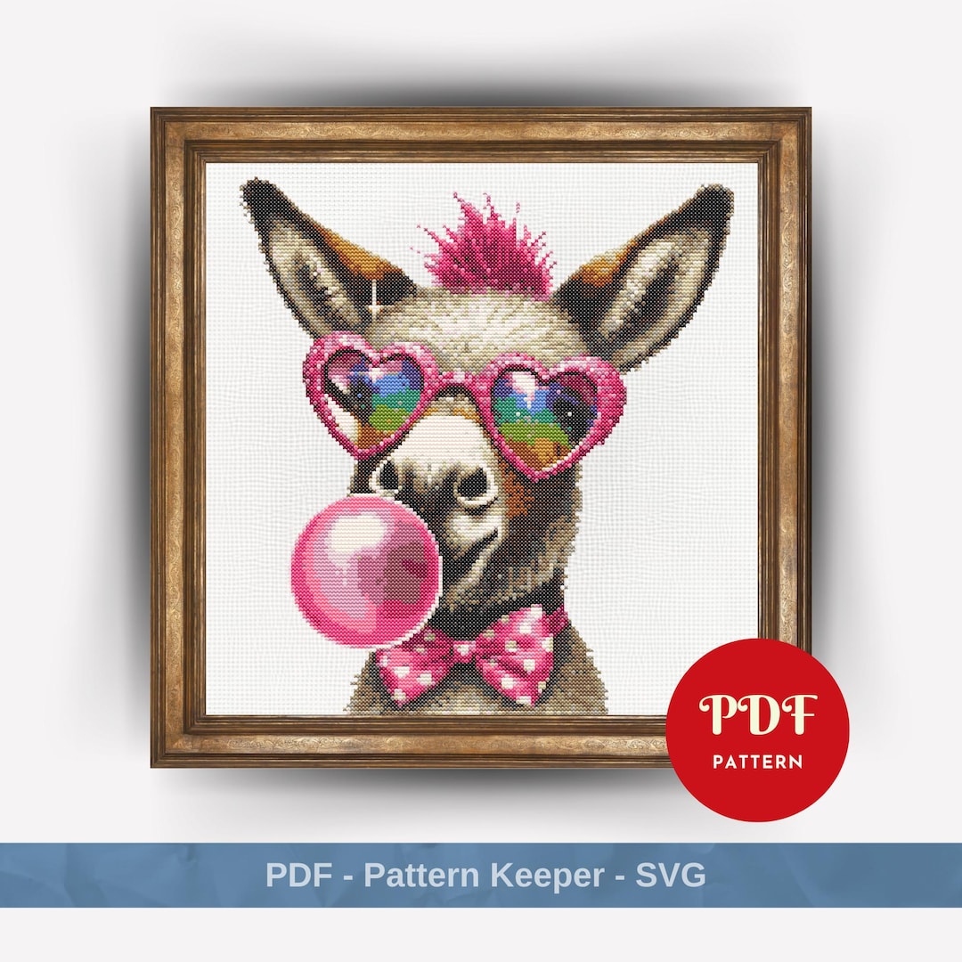 Donkey Blowing Bubble Gum Cross Stitch Pattern, Farm Animal Embroidery ...