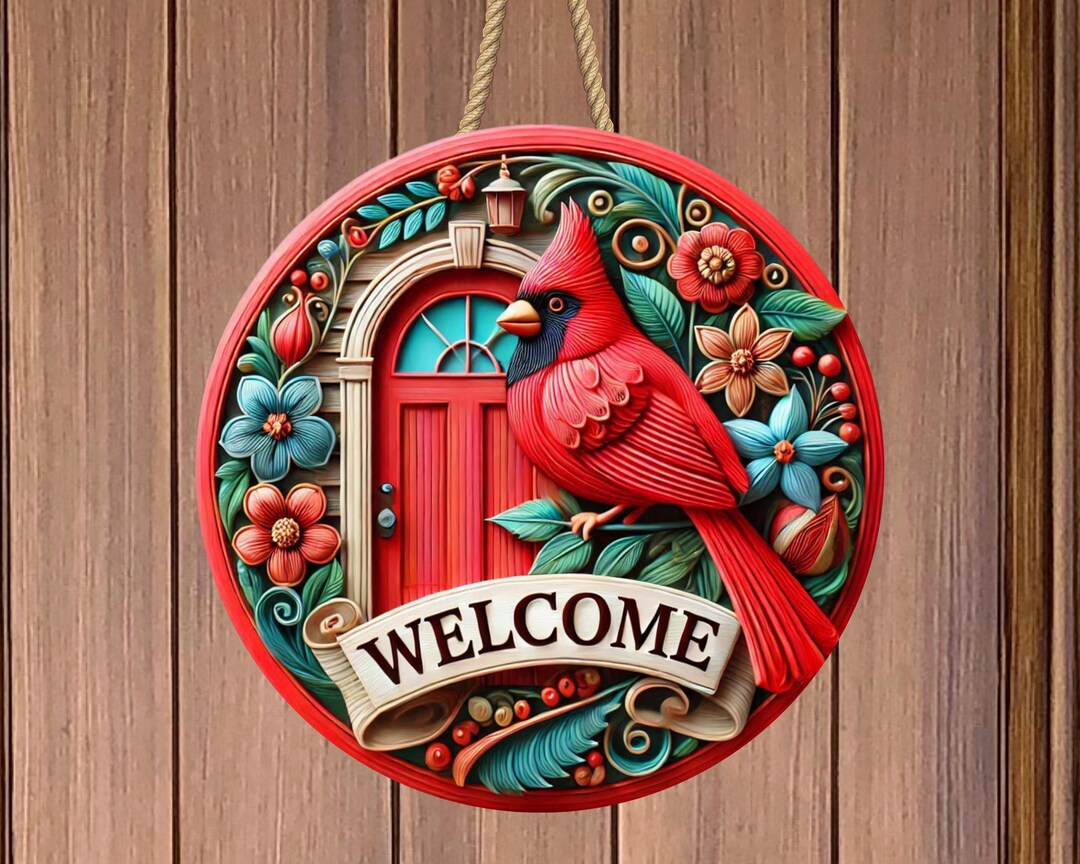 3D Cardinal Bird Welcome Sign Round Door Hanger Design,bird Round ...