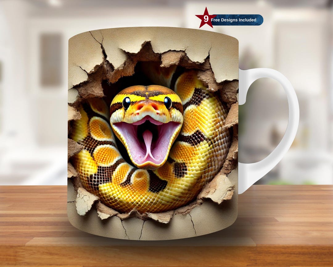 3D Snake Hole in a Wall Mug Wrap, 11oz & 15oz Mug Template, Reptile Mug Sublimation Design ...
