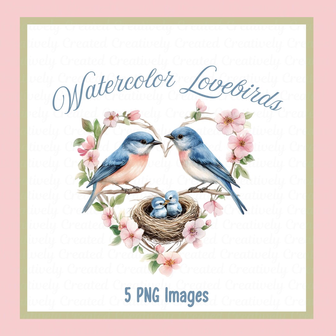 Watercolor Valentine Lovebirds Clipart, 5 PNG Images (digital Download ...