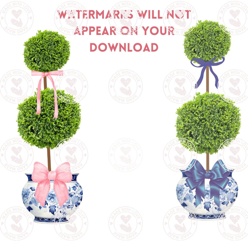 Chinoiserie Topiary PNG Bundle, Pink and Blue Bows (digital Download ...