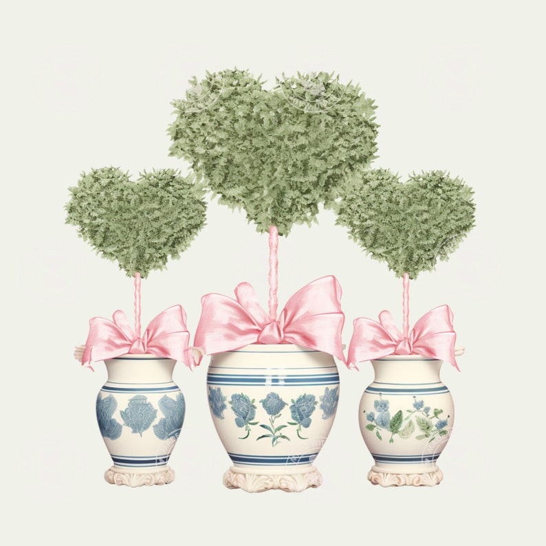 Three Chinoiserie Style Heart Topiaries, Pink, Blue, Green, Instant ...