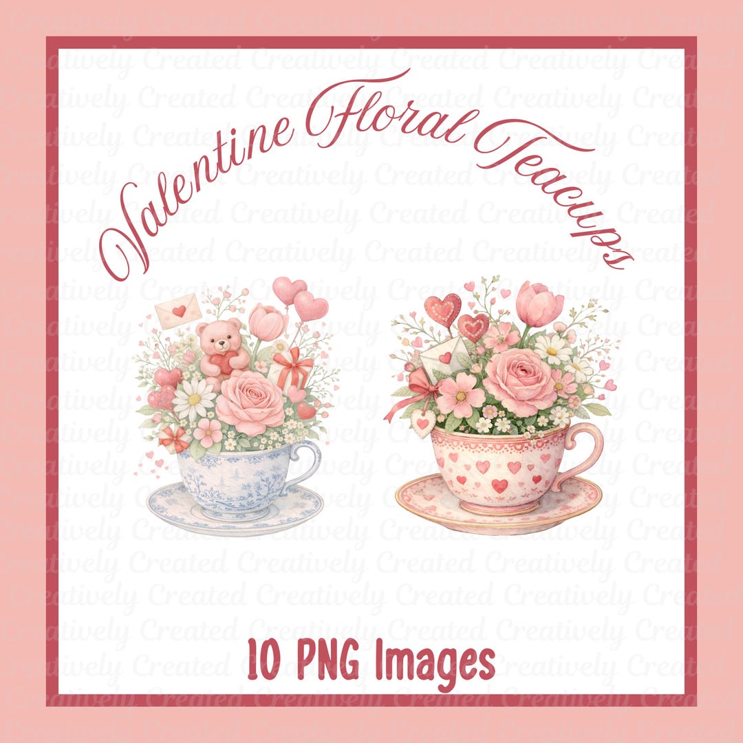 Valentine Teacup Floral Clipart Bundle, Romantic Watercolor Tea Set ...