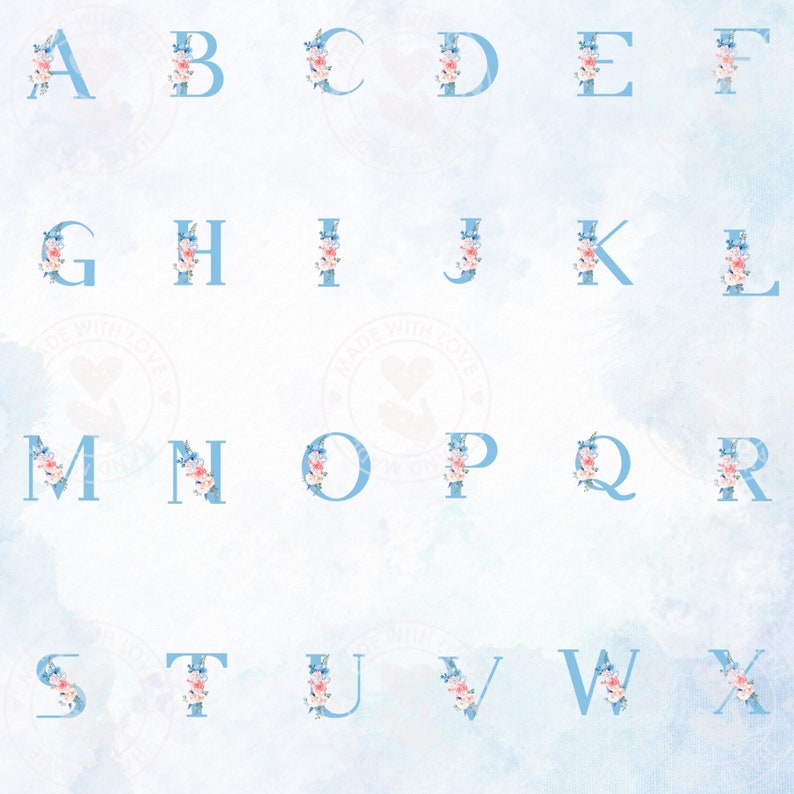 Watercolor Blue Floral Alphabet, Monogram, PNG, Instant Download ...
