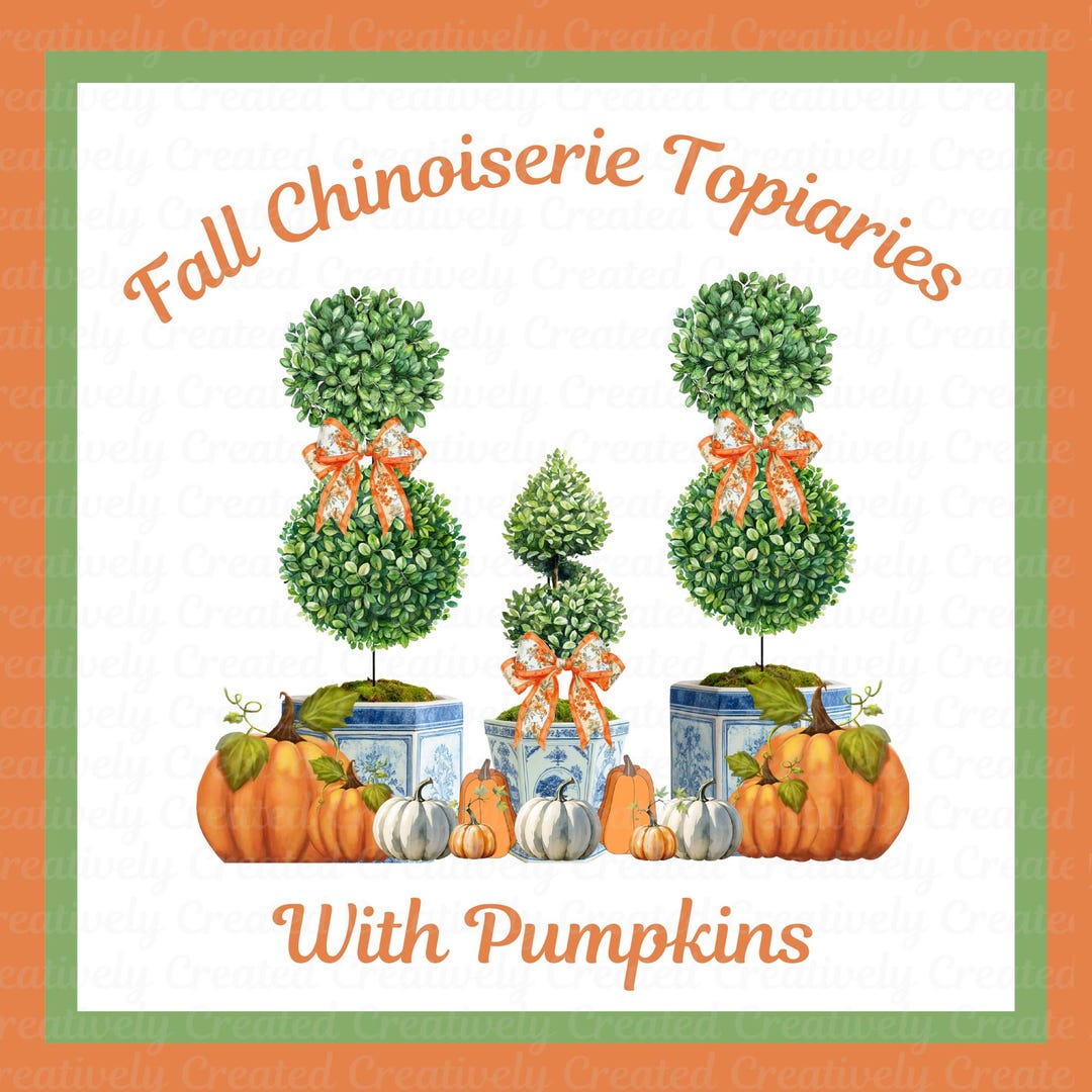 Fall Watercolor Chinoiserie Topiaries, Pumpkins, Orange Toile Bows (PNG ...