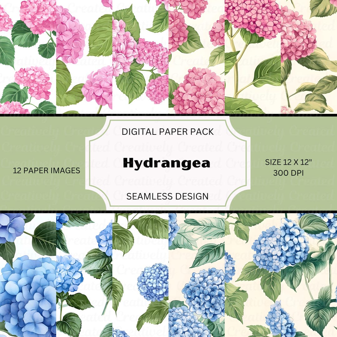 Watercolor Hydrangea Digital Paper Pack, Seamless Floral PNG (digital ...