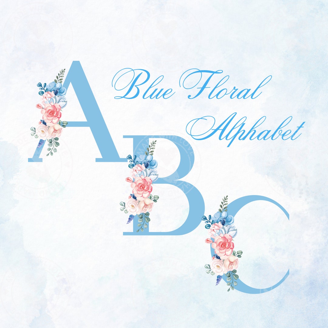 Watercolor Blue Floral Alphabet, Monogram, PNG, Instant Download ...