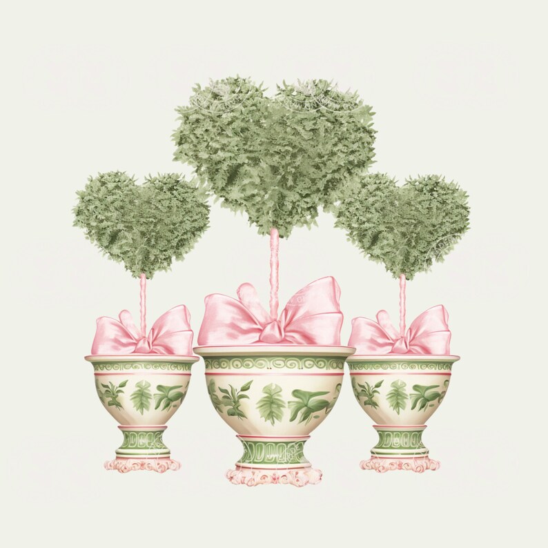 Three Chinoiserie Style Heart Topiaries, Pink, Blue, Green, Instant ...