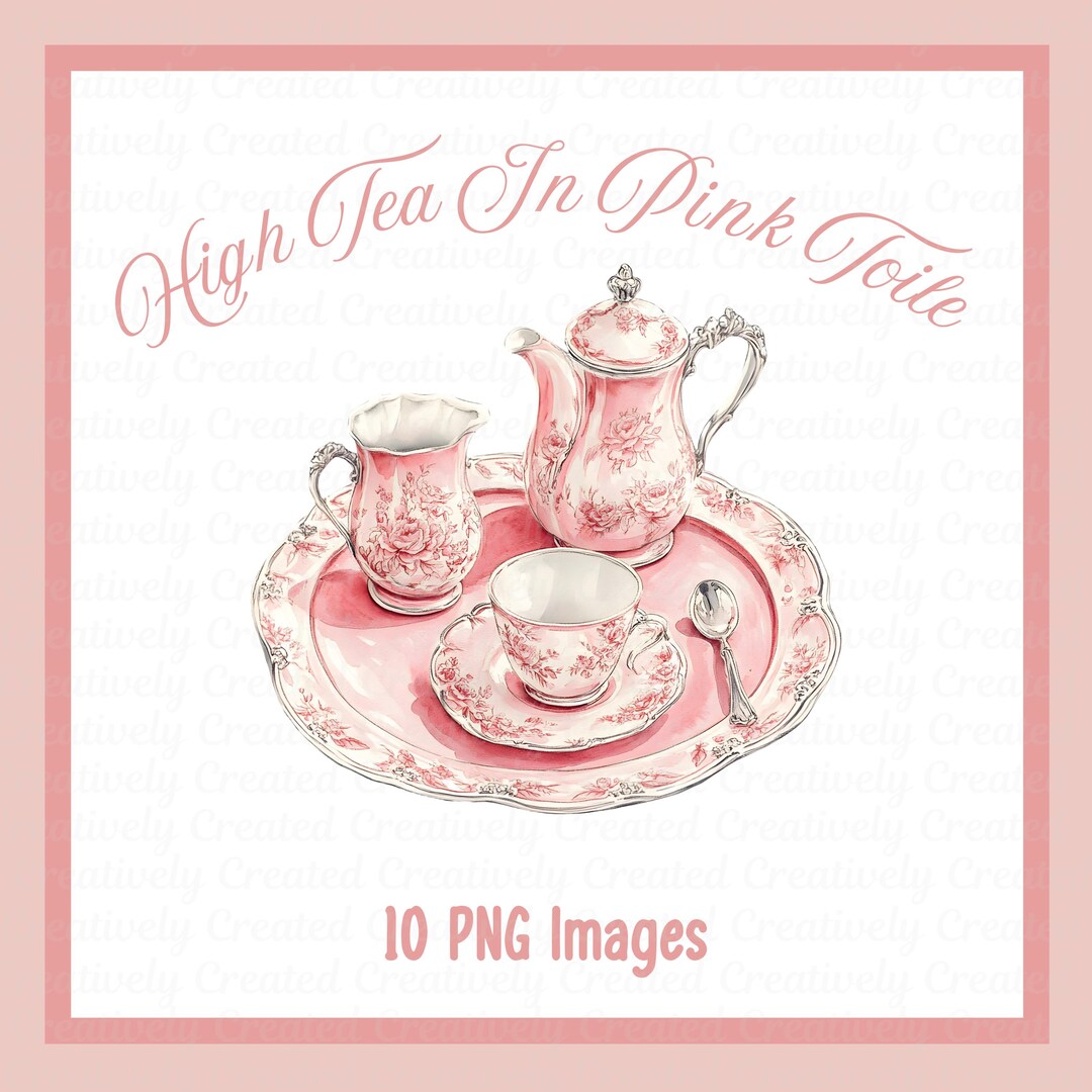 Elegant Toile High Tea Clipart Set, 10 Watercolor Pngs, Pink and White ...