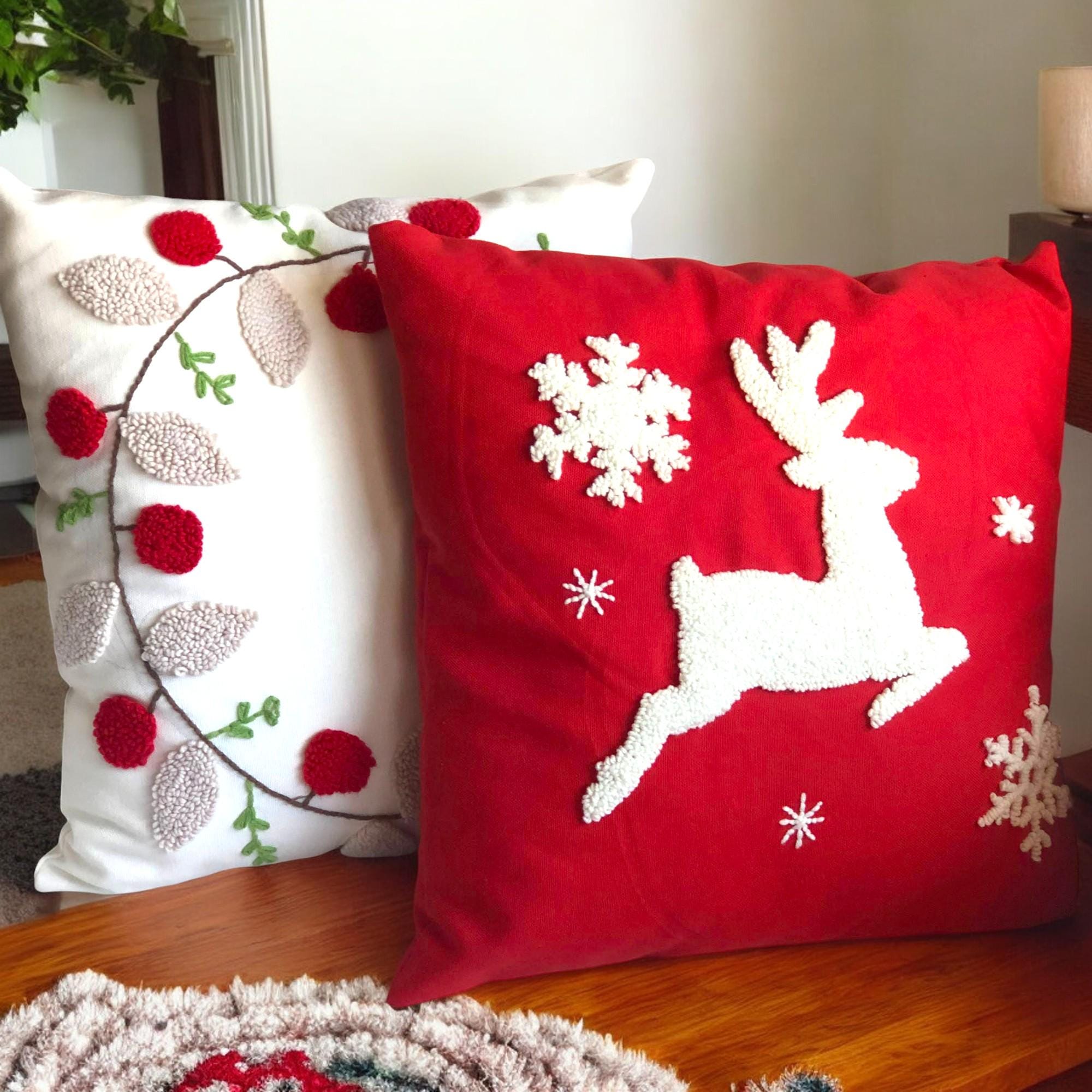 Punch Needle Embroidered Christmas Themed Pillows, Home Decorations ...