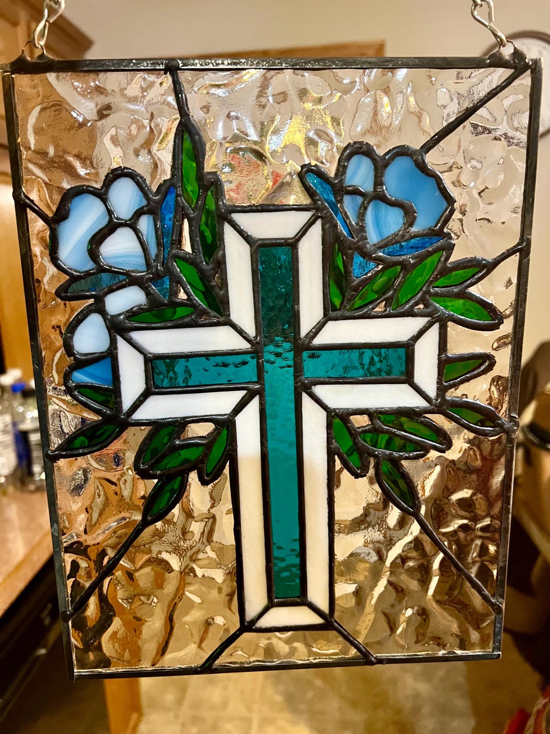 Blue Themed Cross With Flowers Stained Glass Window Hang/suncatcher - Etsy