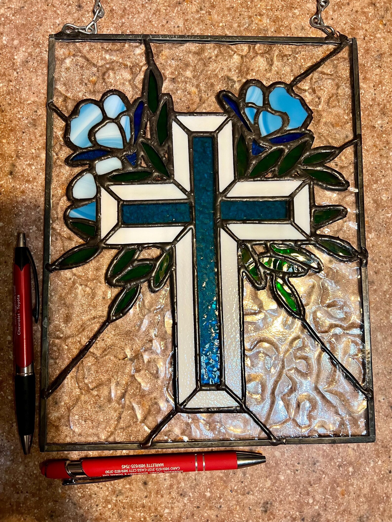 Blue Themed Cross With Flowers Stained Glass Window Hang/suncatcher - Etsy