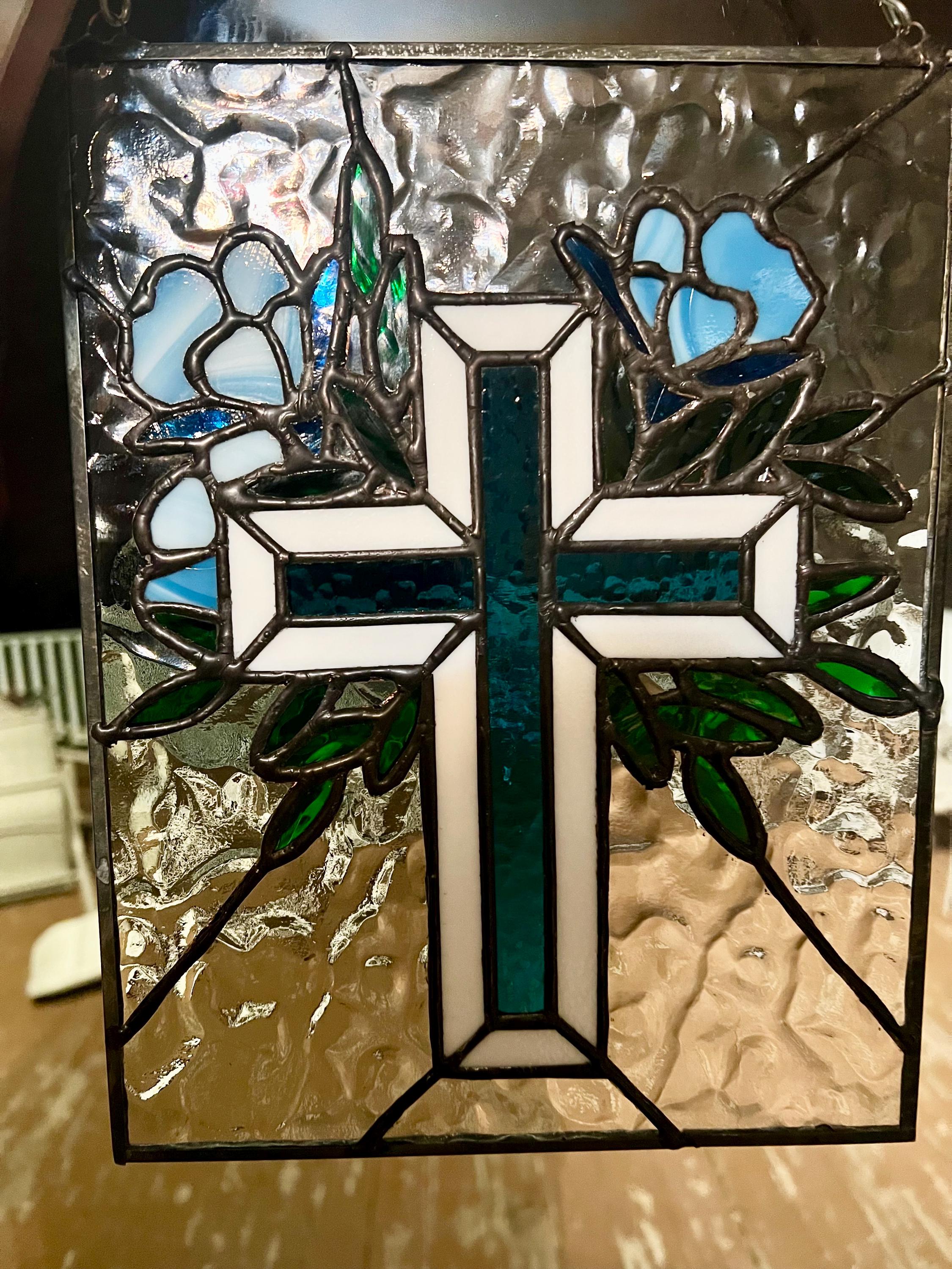 Blue Themed Cross With Flowers Stained Glass Window Hang/suncatcher - Etsy