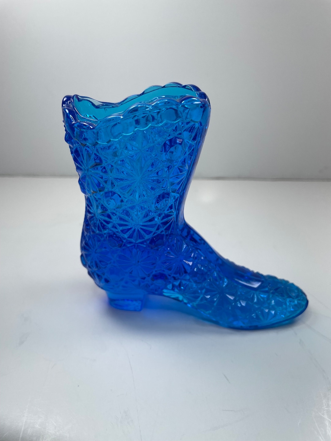 Fenton Daisy and Button Pattern Colonial Blue Glass Shoe Boot Vintage ...