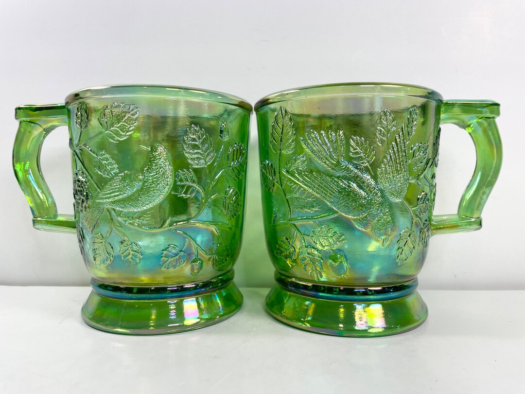 Robin in the Tree Bryce Brothers Mosser Green Iridescent Glass Mug 1983 ...