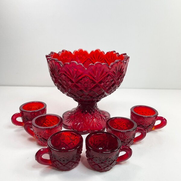 Vintage Red Glass Punch Bowl - Etsy