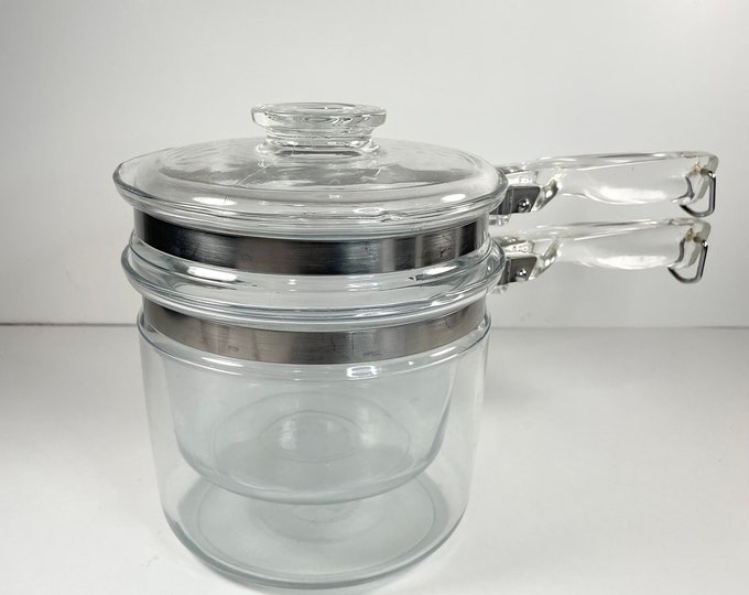 Vintage Pyrex Flameware Clear Glass Double Boiler Pots With Lid 1 1/2 ...