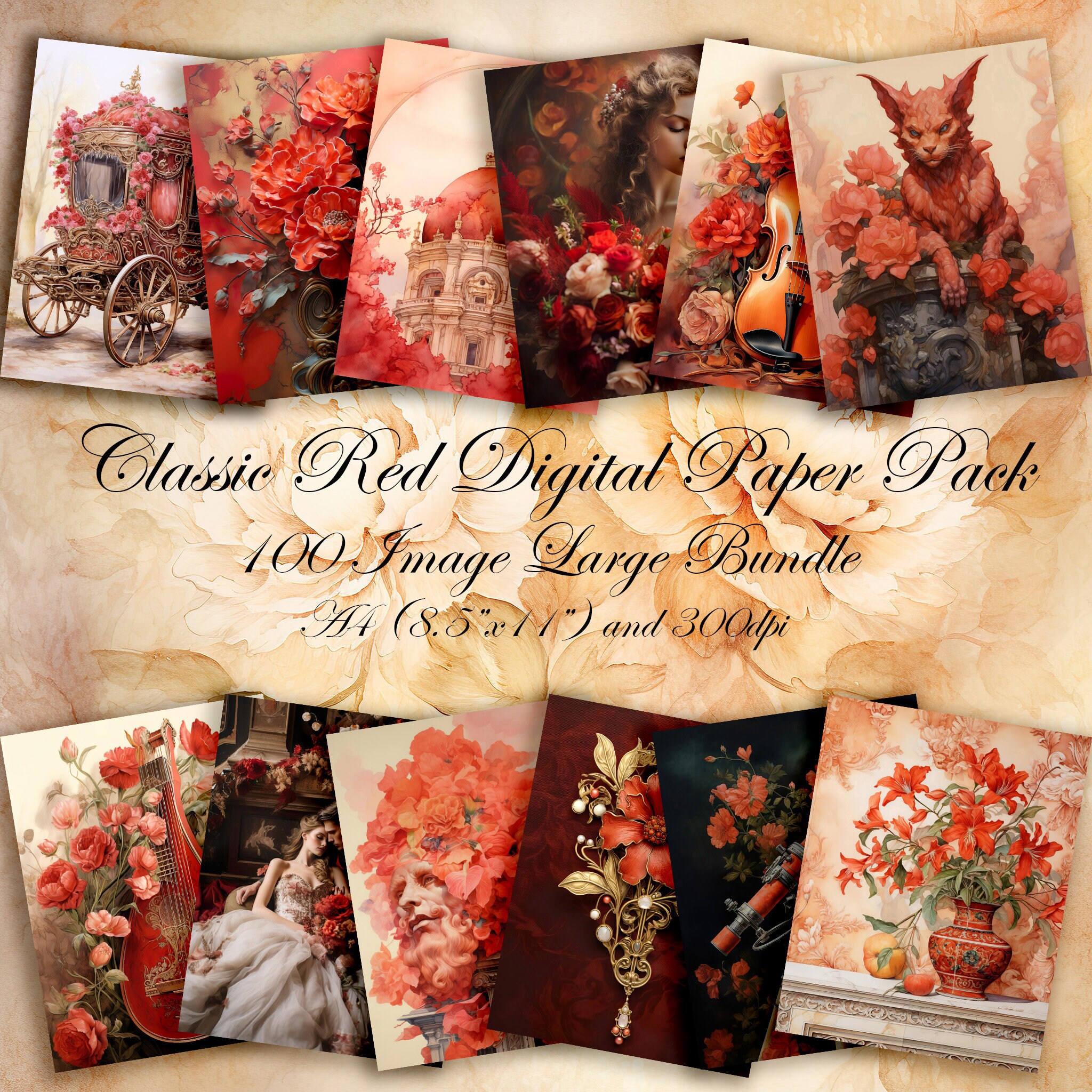 BIG 100 Bundle, Red, Junk Journal Paper, Digital Paper Pack, Digital ...