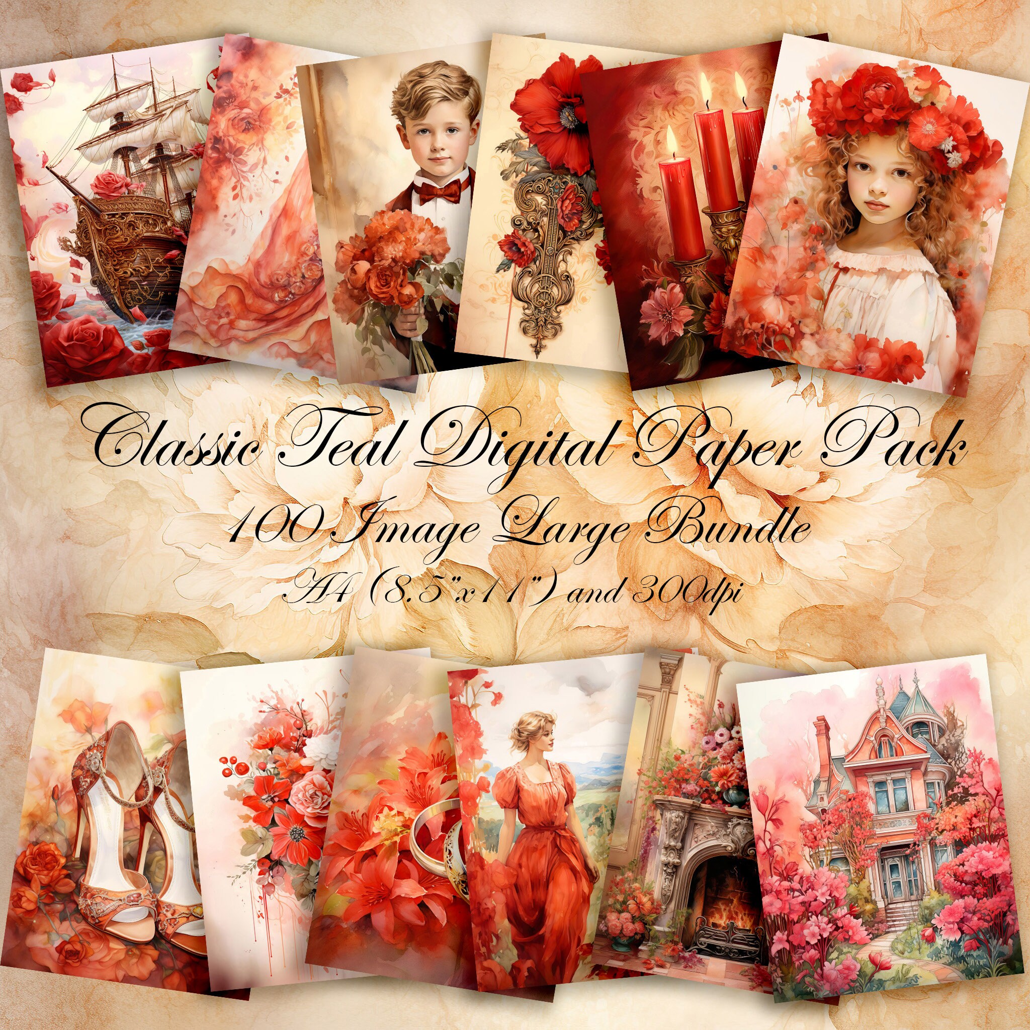 BIG 100 Bundle, Red, Junk Journal Paper, Digital Paper Pack, Digital ...