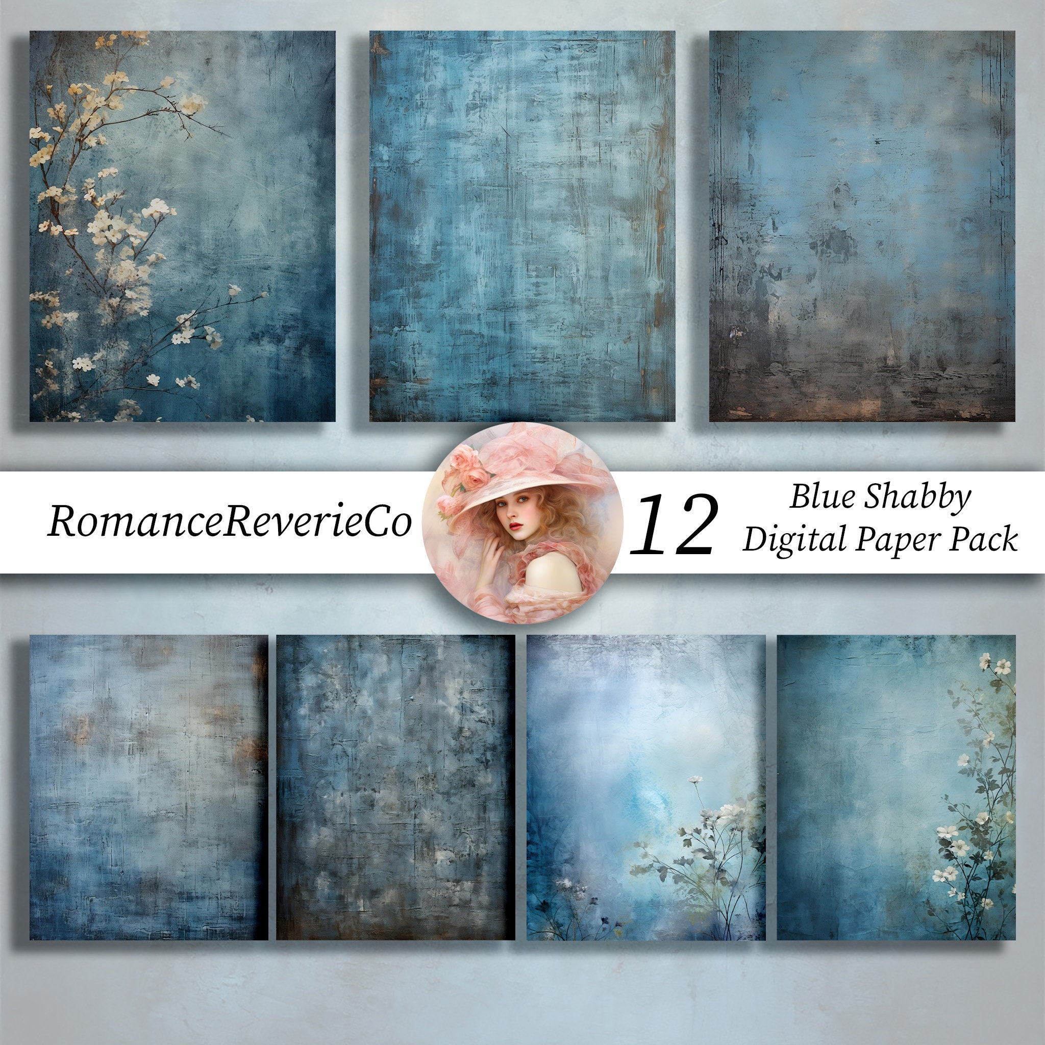 MINI 12 Bundle, Blue Shabby, Junk Journal Paper, Background, Digital ...