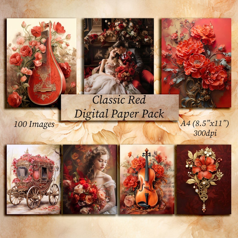 BIG 100 Bundle, Red, Junk Journal Paper, Digital Paper Pack, Digital ...