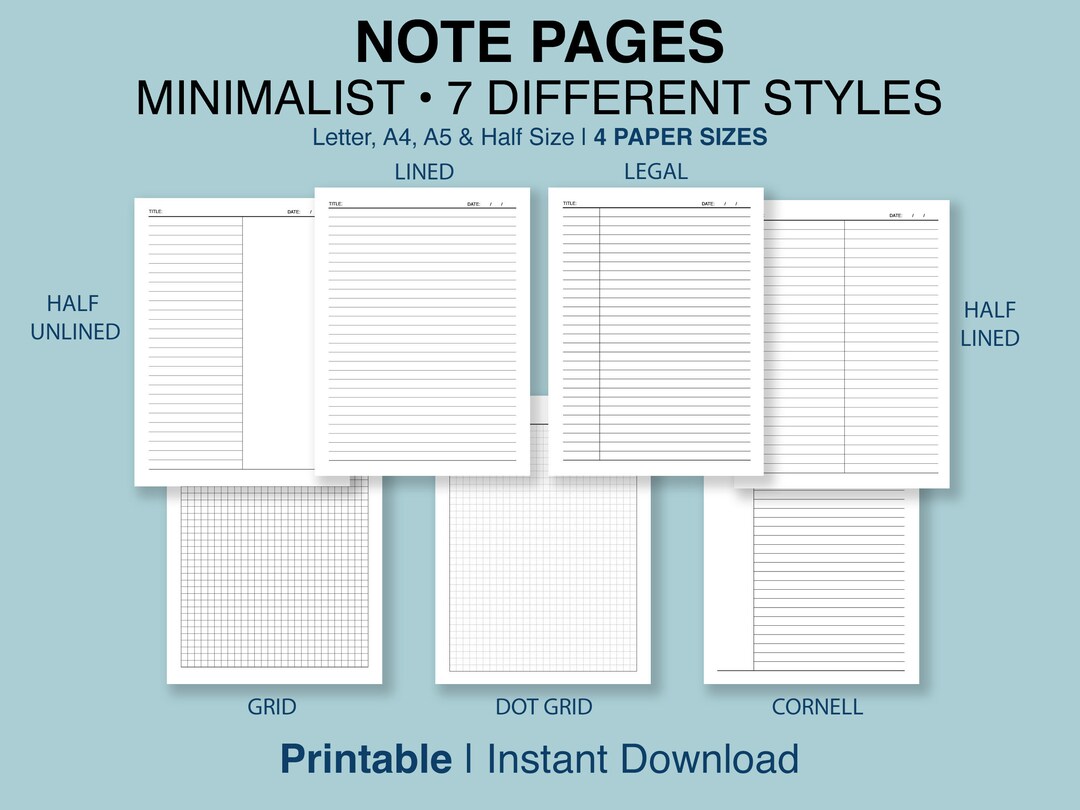 Notes, Lined, Legal, Cornell, Graph, Dot Grid Paper Bundle. 7 Unique ...