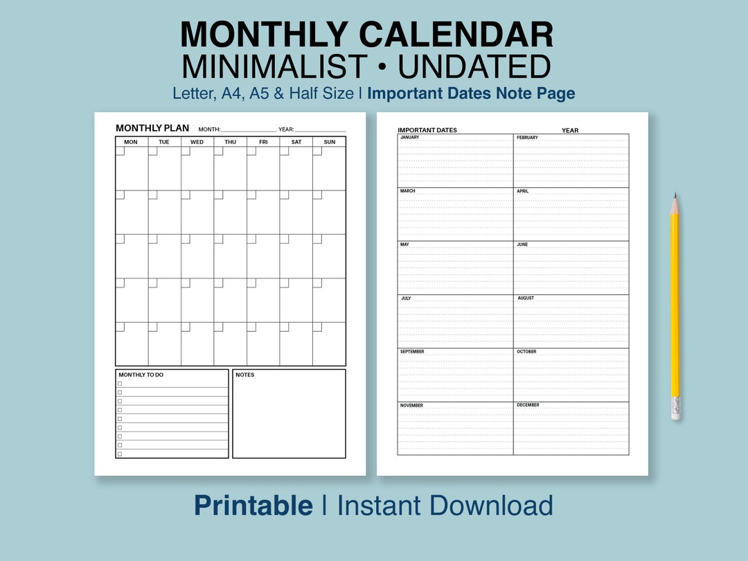 Monthly Planner Minimalist | Important Dates Printable, for Work & Home ...