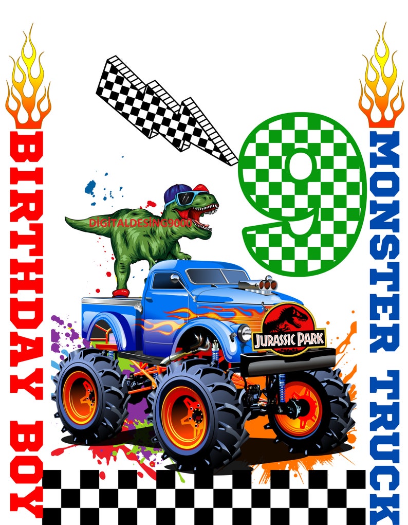 T Rex Birthday Png,monster Truck Png,flaming Truck,colorful Watercolor ...