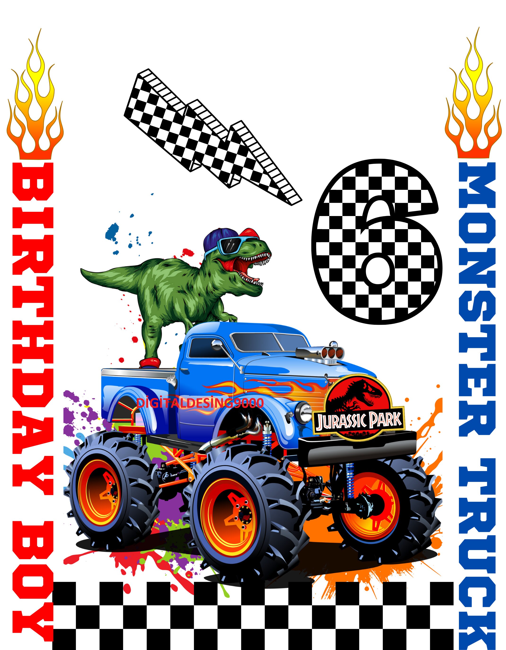 T Rex Birthday Png,monster Truck Png,flaming Truck,colorful Watercolor ...