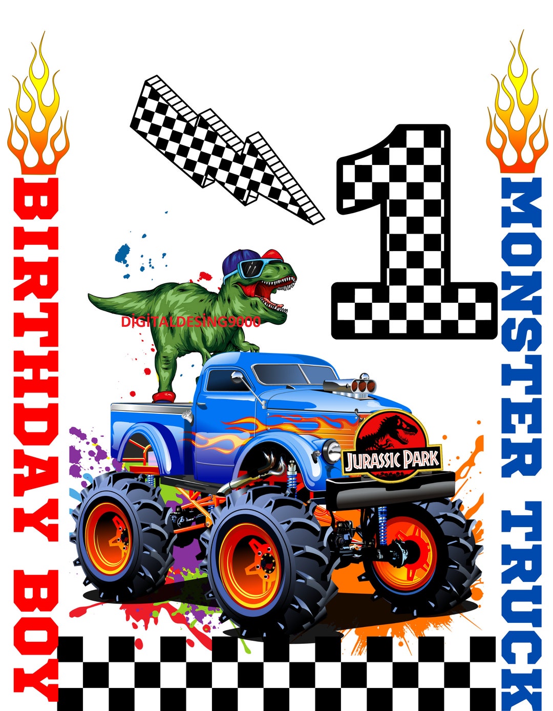 T Rex Birthday Png,monster Truck Png,flaming Truck,colorful Watercolor ...