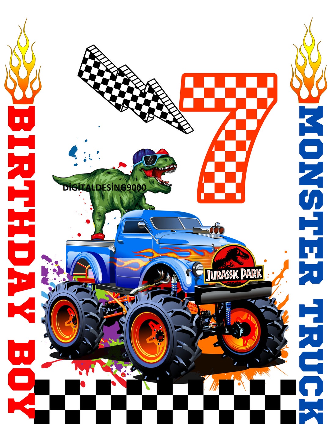 T Rex Birthday Png,monster Truck Png,flaming Truck,colorful Watercolor ...