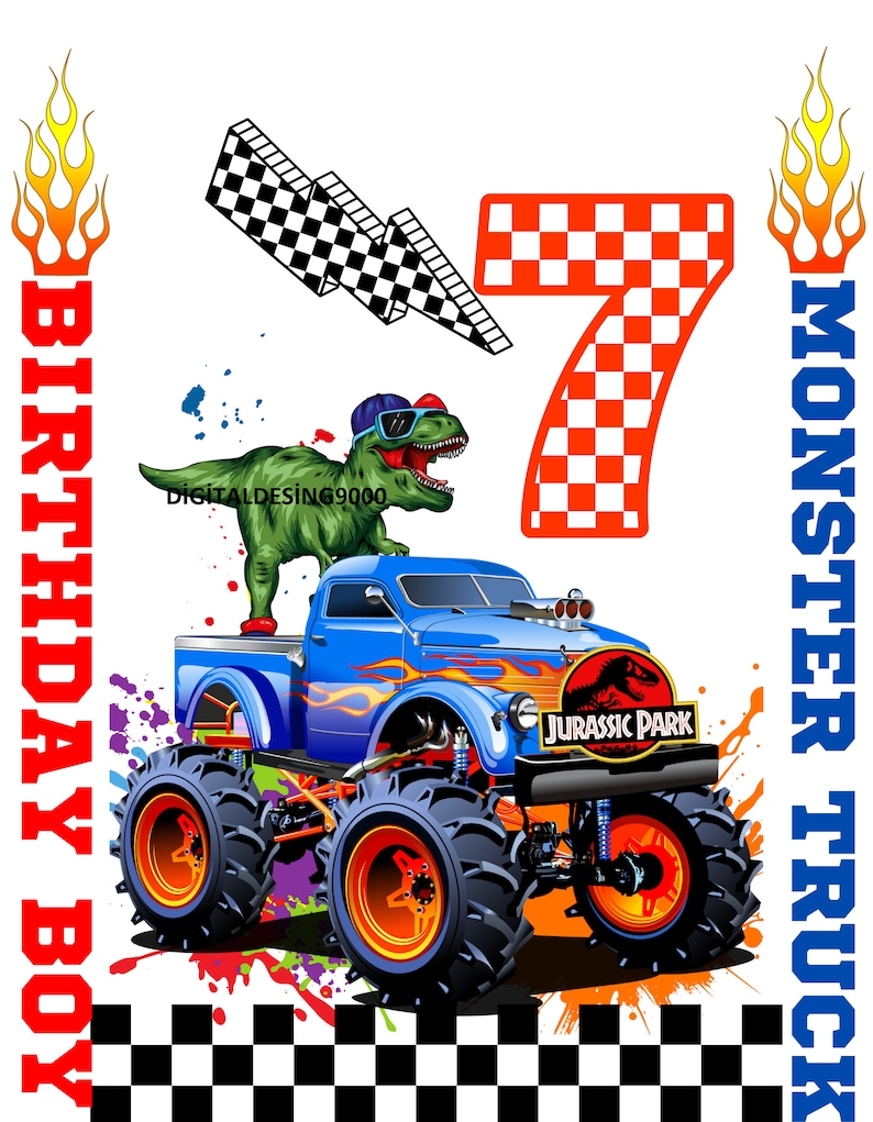 T Rex Birthday Png,monster Truck Png,flaming Truck,colorful Watercolor ...