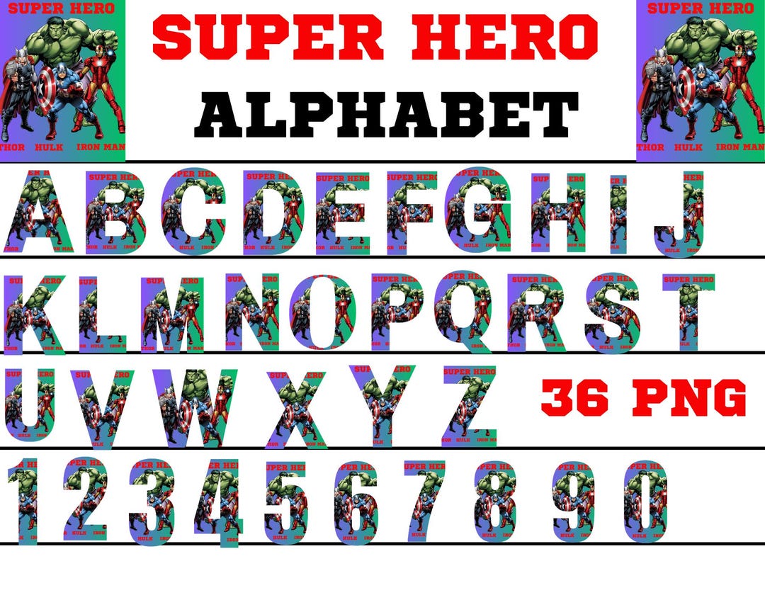 Superheroes 36 PNG, Special Alphabet for Children, Birthday Gift ...